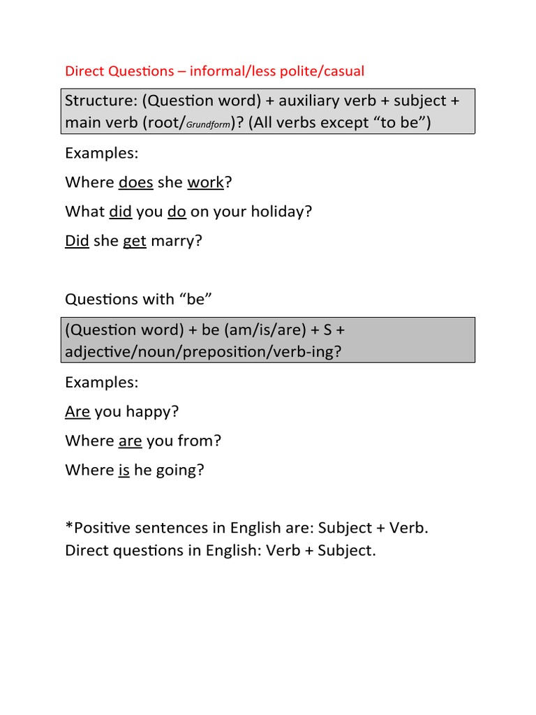 Indirect Questions - Vs - Direct Questions | PDF