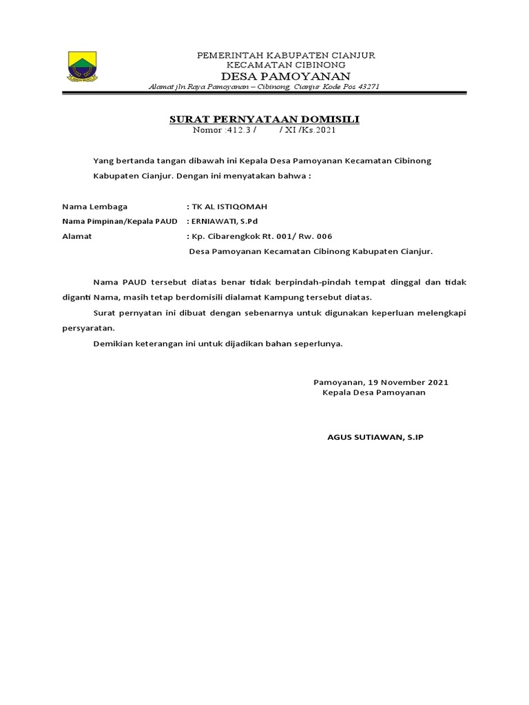 Surat Keterangan Domisili PAUD Cibinong | PDF