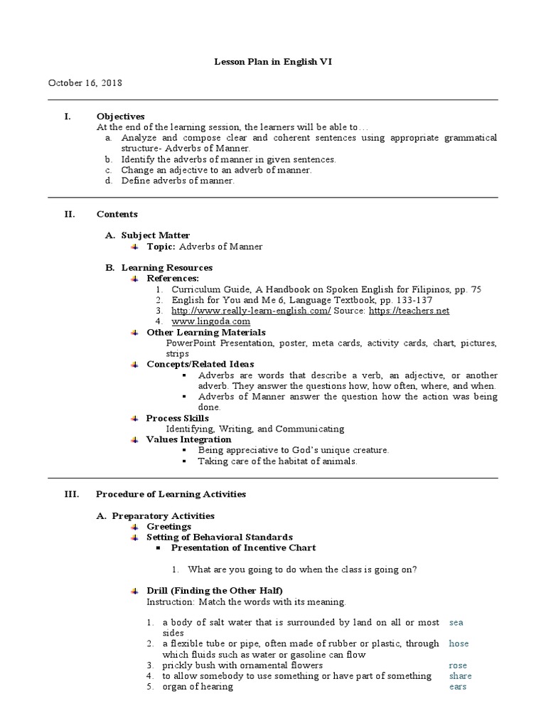 Lesson Plan in English 6 (Adverbs of Manner) | PDF | Adverb | English ...