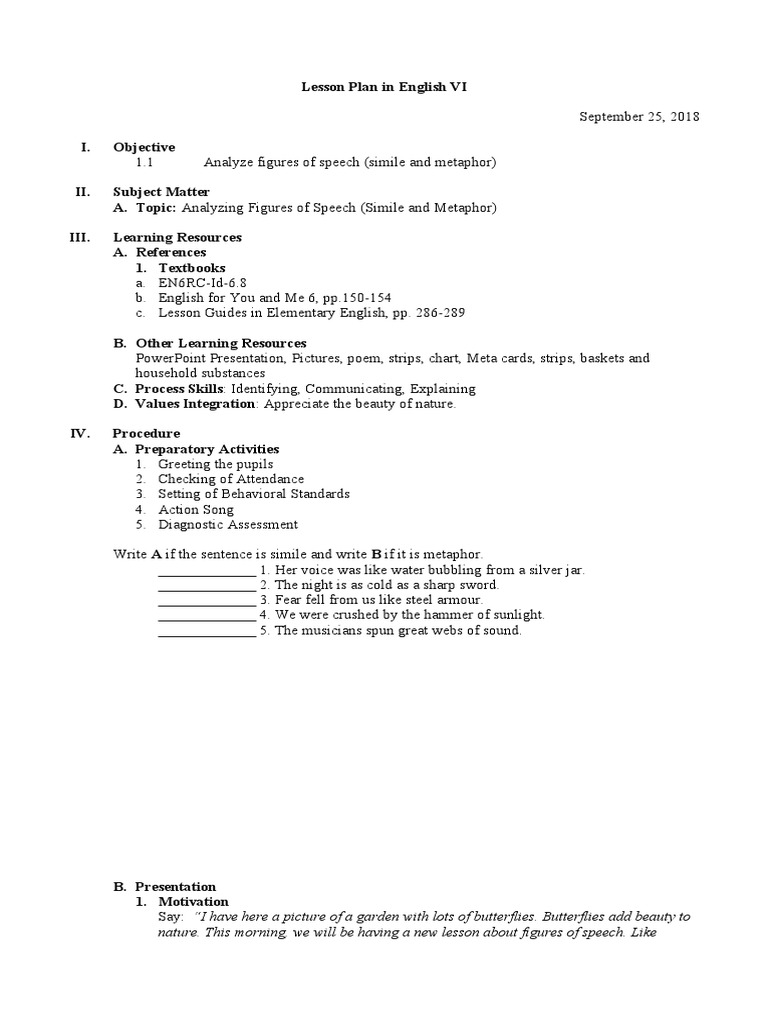 Lesson Plan in English 6 (Figures of Speech) | PDF | Metaphor
