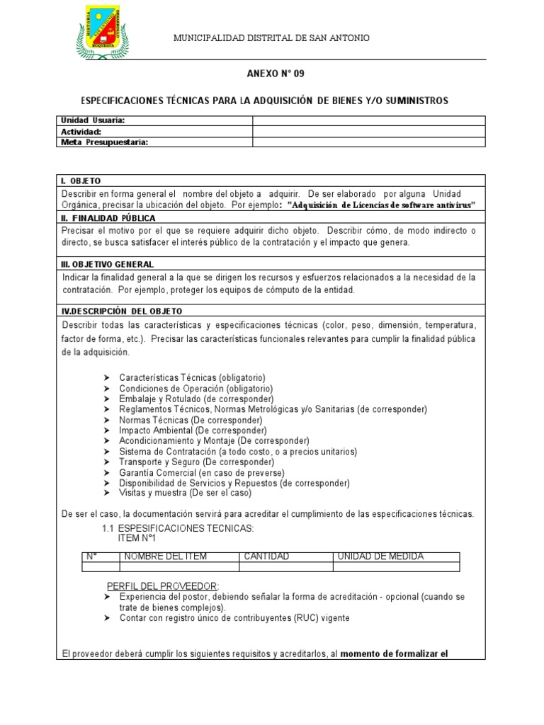 Anexo #09 Especificaciones Tecnicas para Adq. de Bienes | PDF