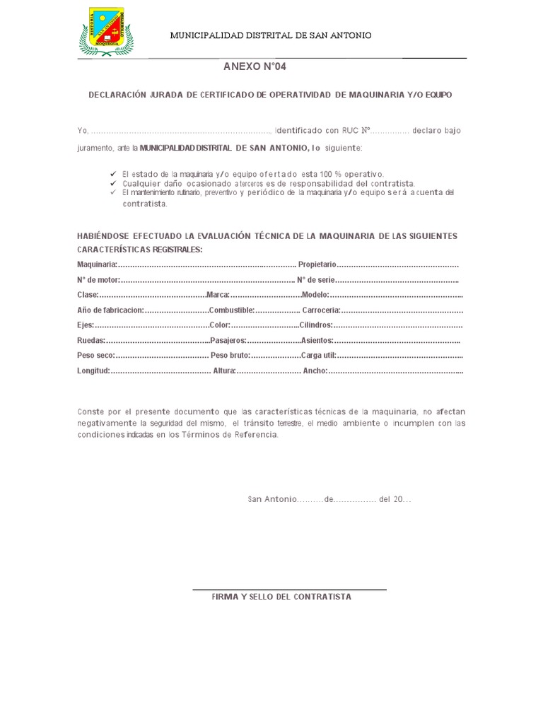 Anexo #04 Declaracion Jurada de Certificado de Operatividad de Maquinaria o Equipo | PDF