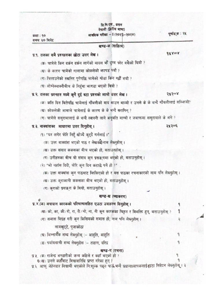 Nepali CBSE Class 10 Question Paper | PDF