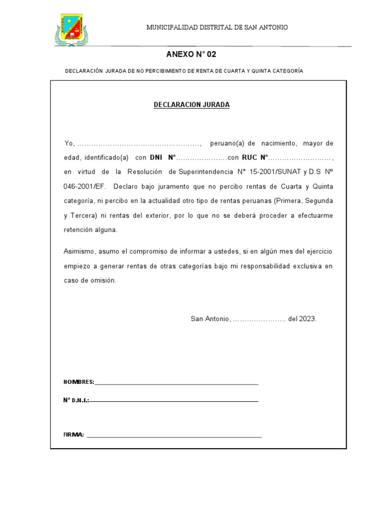 Anexo #02 Declaracion Jurada de No Perc. de Renta de 4ta y 5ta. Categ. | PDF