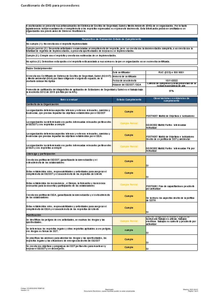 Cuestionario EHS para Proveedores CARVEL | PDF | Planificación | Entorno natural