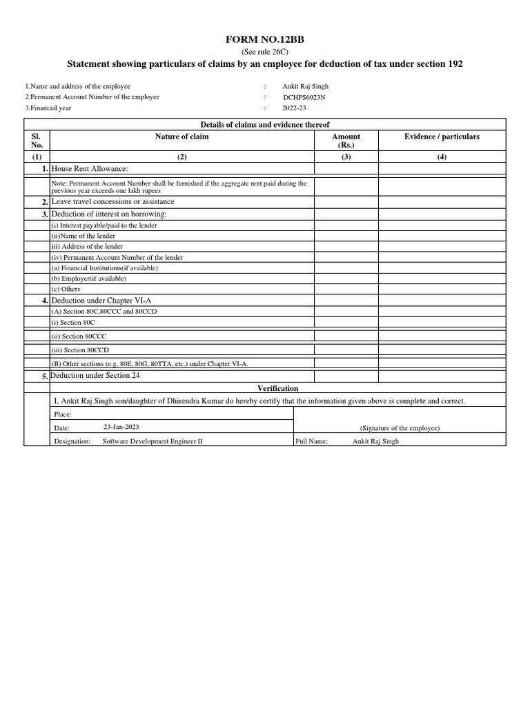 Employee Tax Deduction Claims Form 12BB | PDF | Employment | Tax Deduction