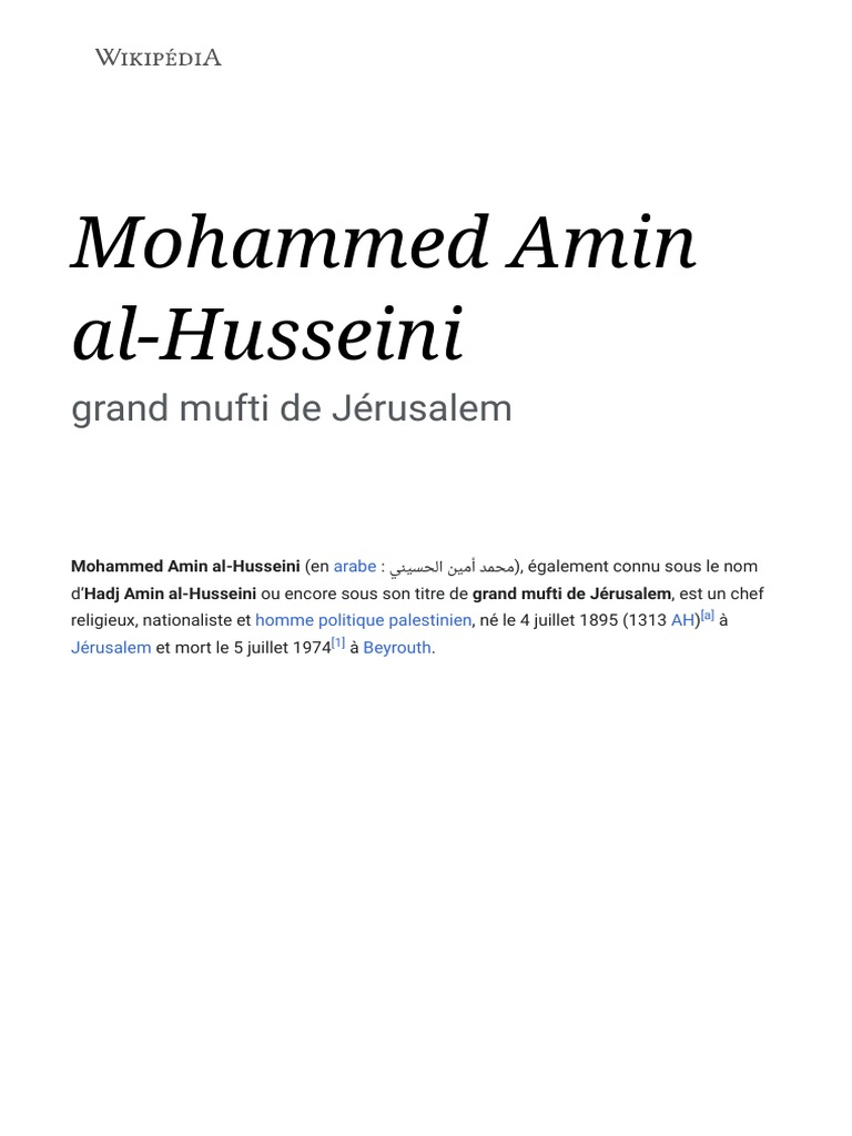 Mohammed Amin Al-Husseini - Wikipédia | PDF | Palestine mandataire ...