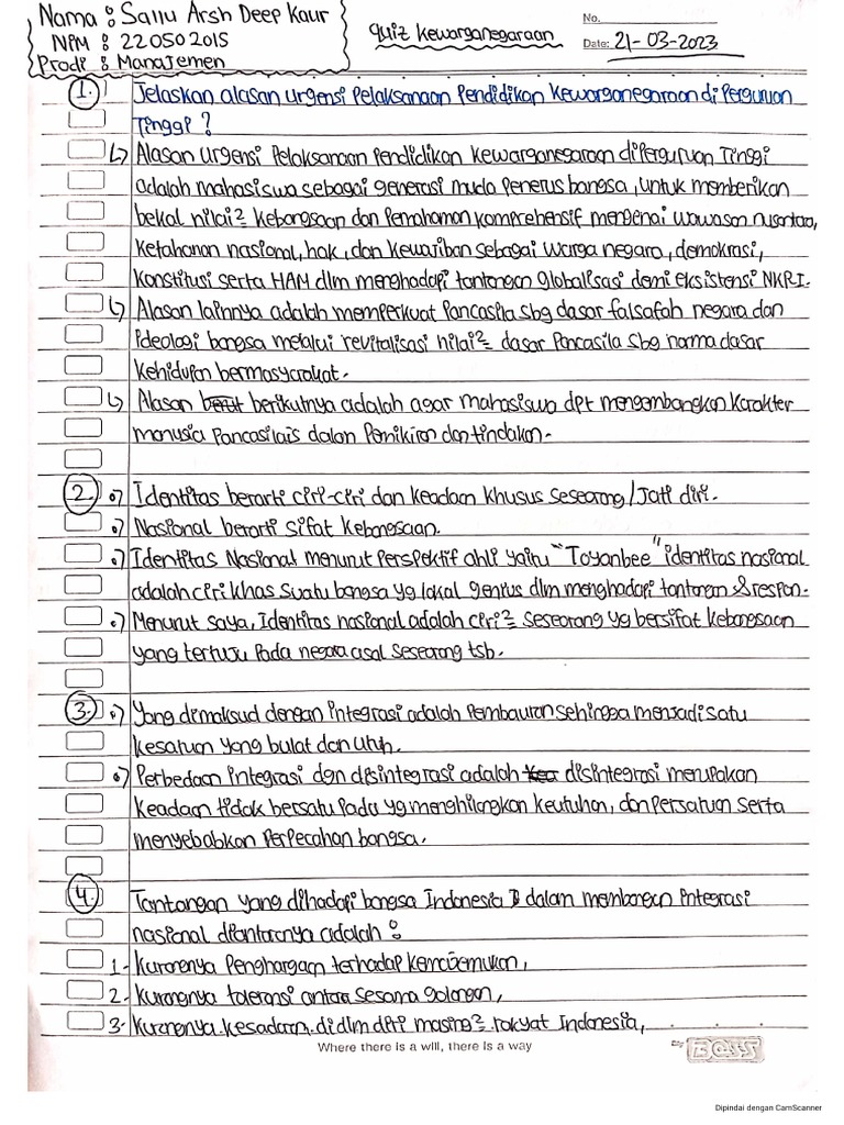 Quiz Kewarganegaraan (SALLU ARSH DEEP KAUR.... 220502015, Prodi Manajemen) | PDF