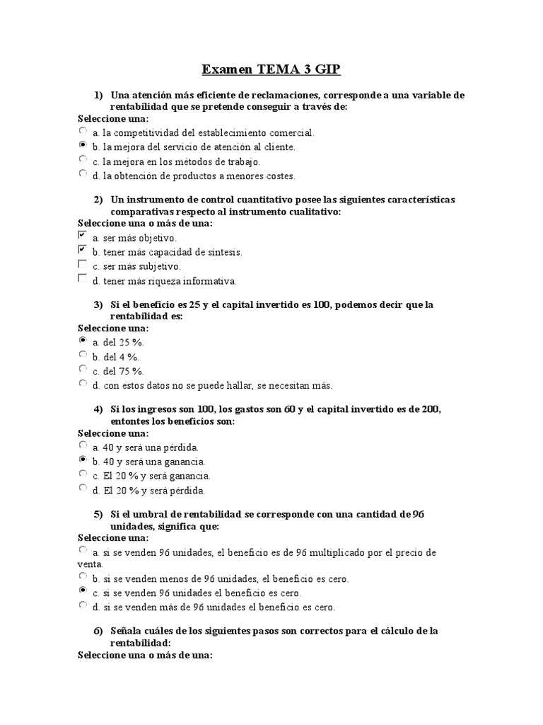 Examen GIP: Rentabilidad y Control Comercial | PDF | Margen bruto ...