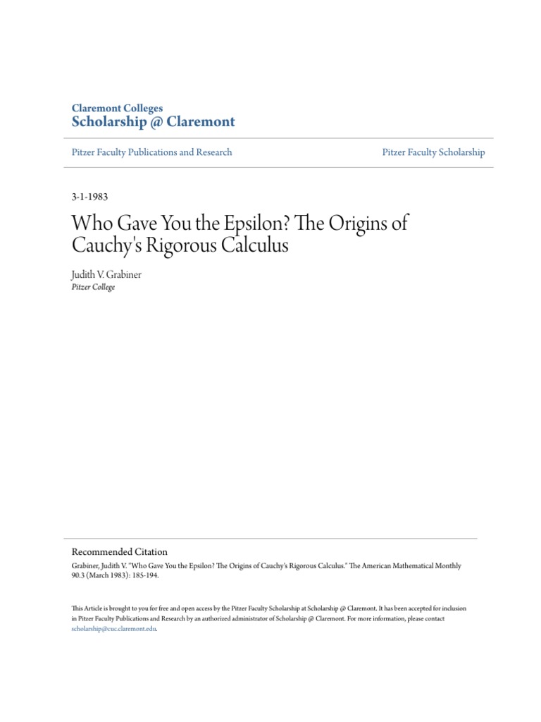 Who Gave You The Epsilon - The Origins of Cauchys Rigorous Calcul | PDF