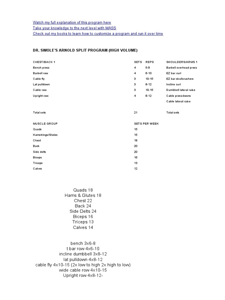 Dr. Swole's Arnold Split Program (High Volume) | PDF | Limbs (Anatomy) | Human Anatomy