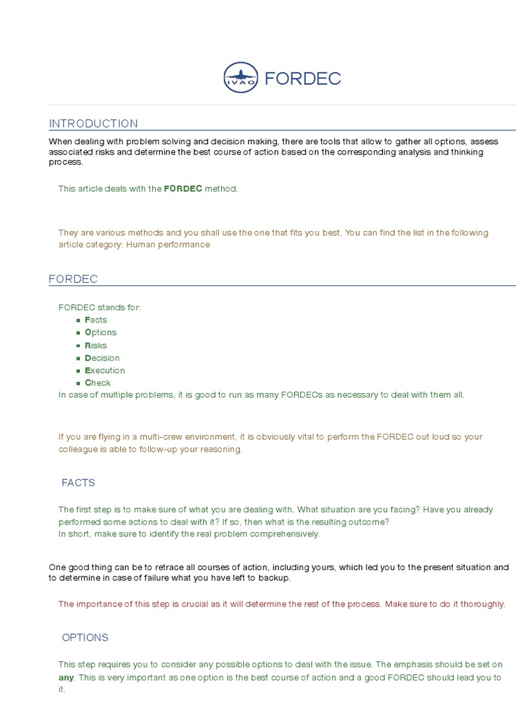 FORDEC Method - IVAO 131119 | PDF | Risk | Decision Making