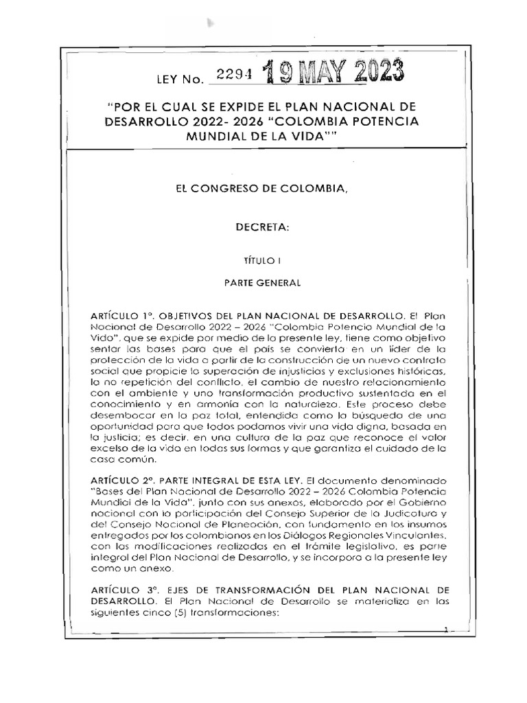 Ley 2294 Del 19 de Mayo de 2023 | PDF | Colombia | Judicaturas