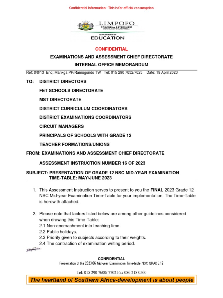 Final NSC Mid-Year Grade 12 Time-Table | PDF