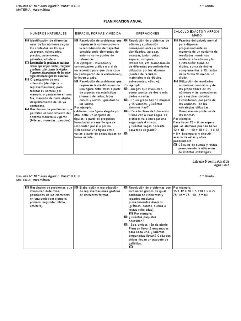 Planificación Anual Matemática 1° Grado | PDF