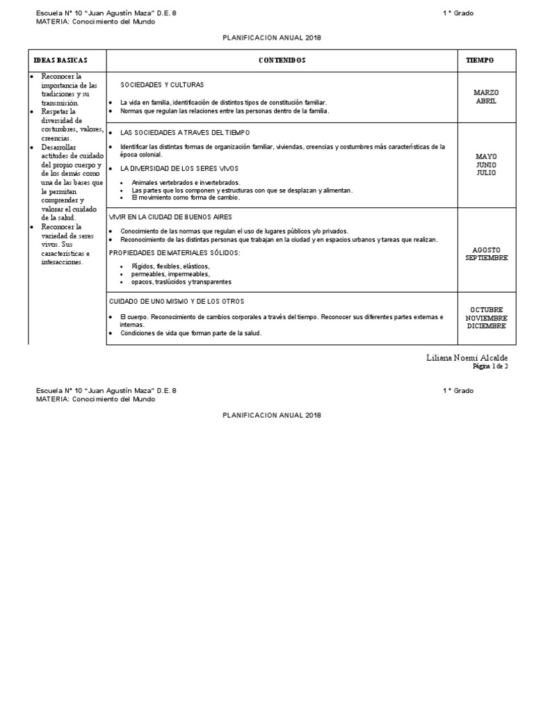 PLANIFICACION ANUAL CONOCIMIENTO DEL MUNDO Apaisada 1° Grado | PDF