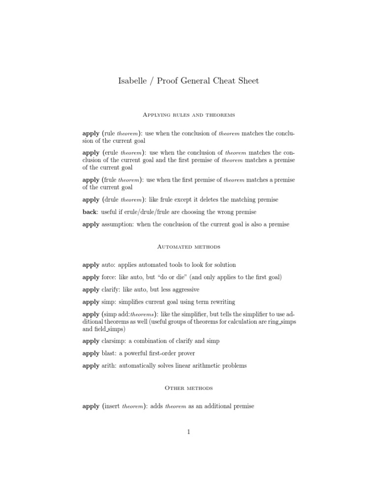 Isabelle / Proof General Cheat Sheet | PDF | Theorem | Logic