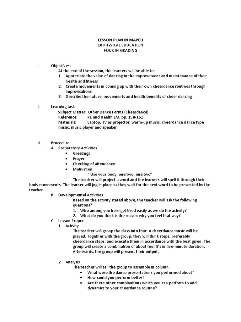 lesson-plan-in-pe-10-4th-gradingdocx | PDF | Lesson Plan | Learning