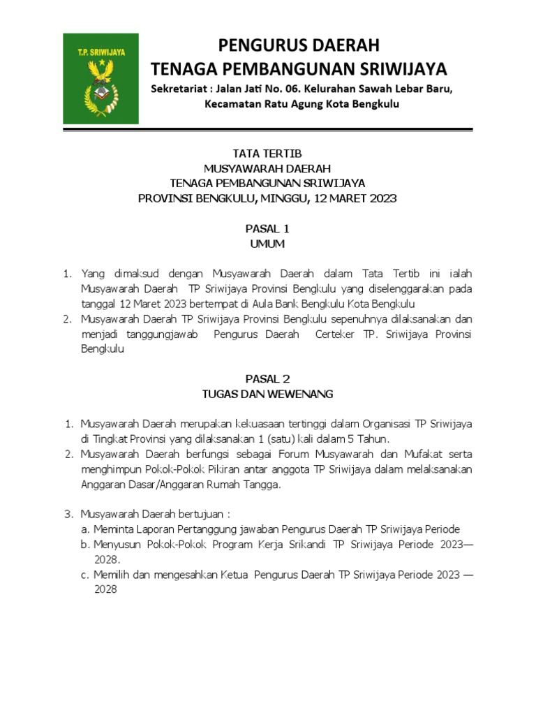 Tata Tertib Musda TP Sriwijaya Bengkulu | PDF