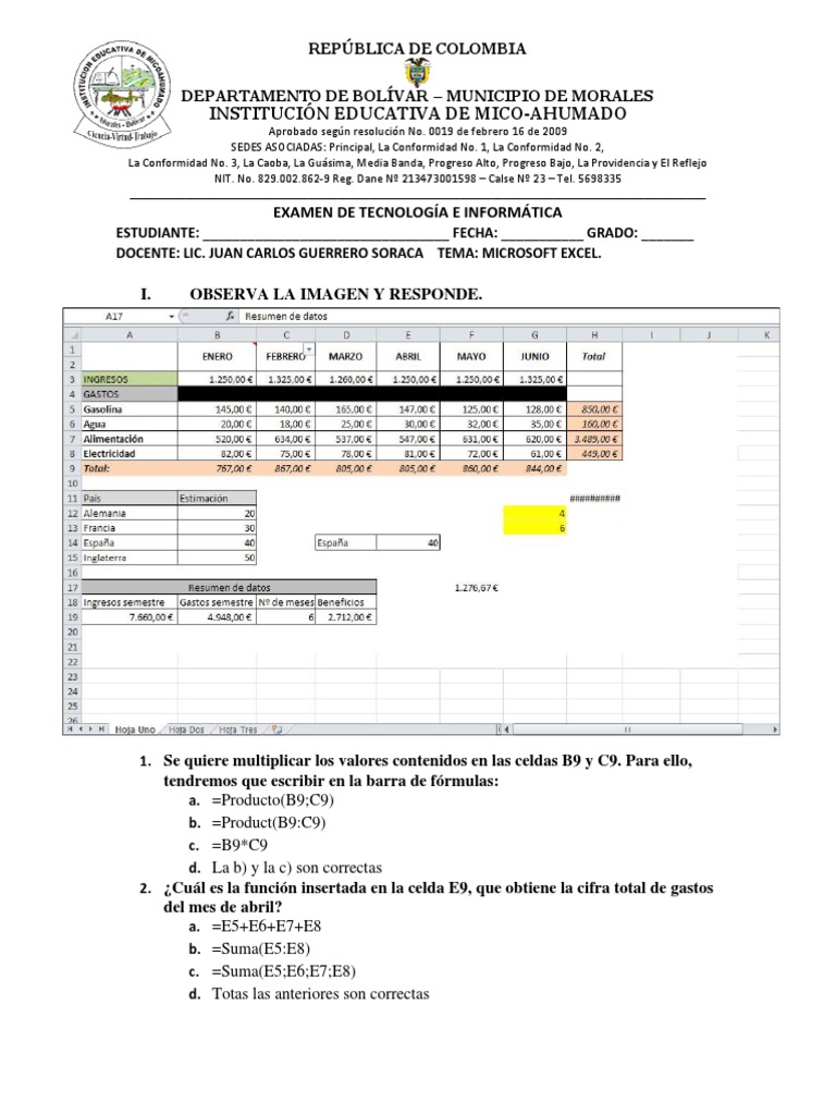EXAMEN EXCEL GRADO 11° 2023 | PDF | Microsoft Excel