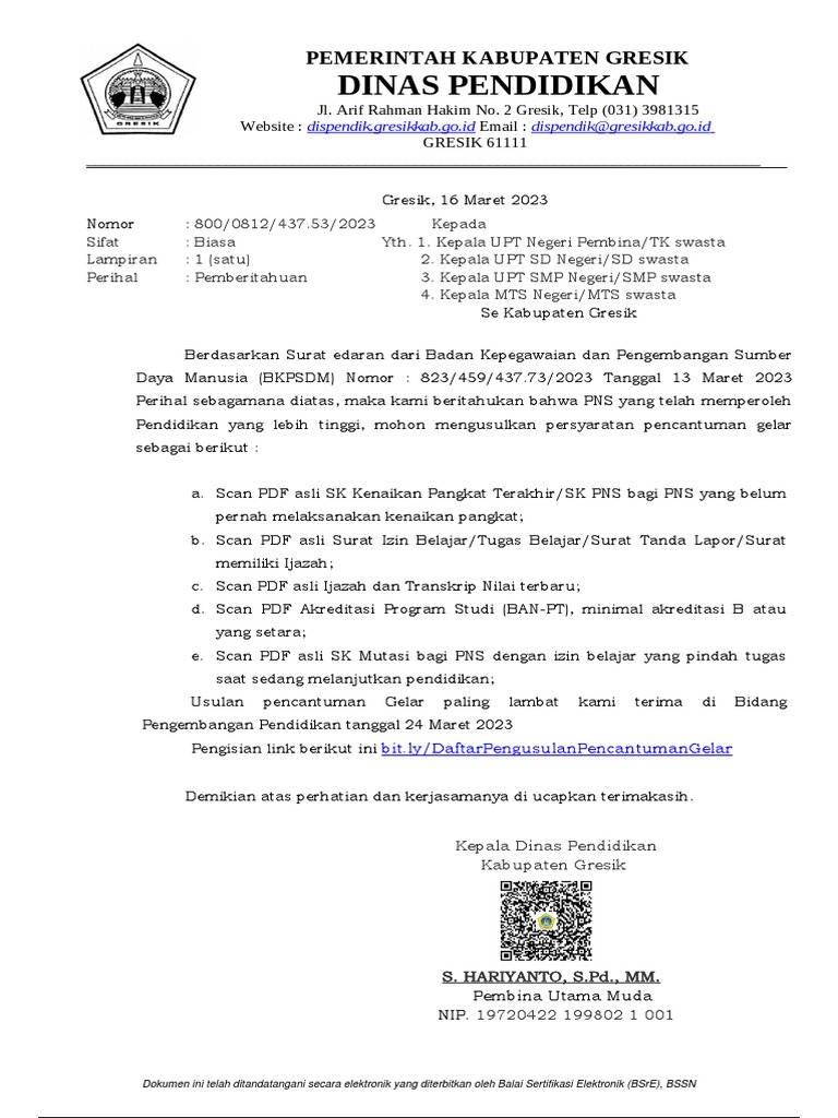 Surat Pemberitahuan Pencantuman Gelar | PDF