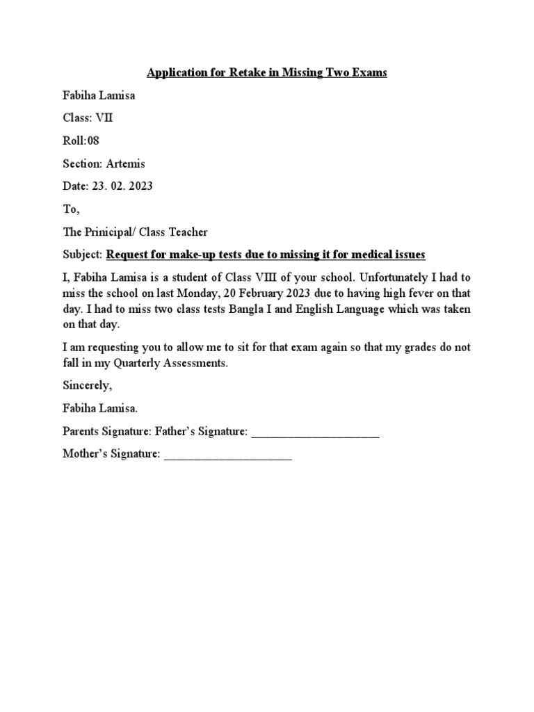 Application For Retake in Missing Two Exams | PDF