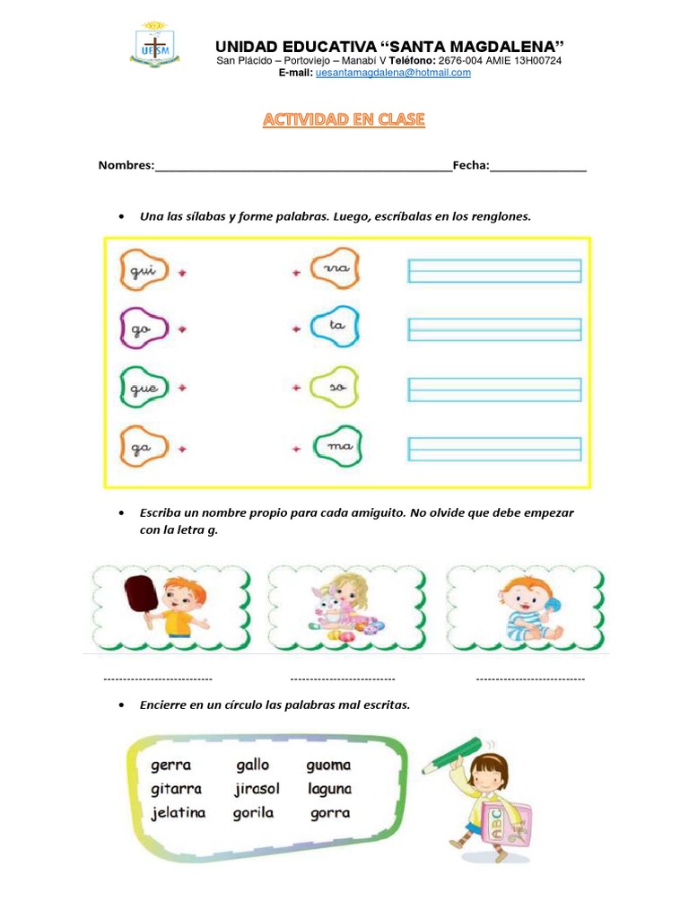 ACTIVIDAD EN CLASE Con La Letra G G | PDF
