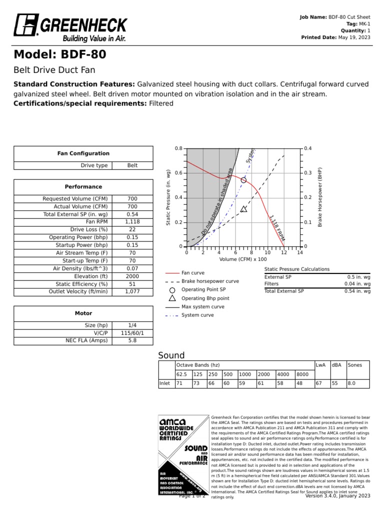 BDF-80 Belt Drive Duct Fan Specs | PDF