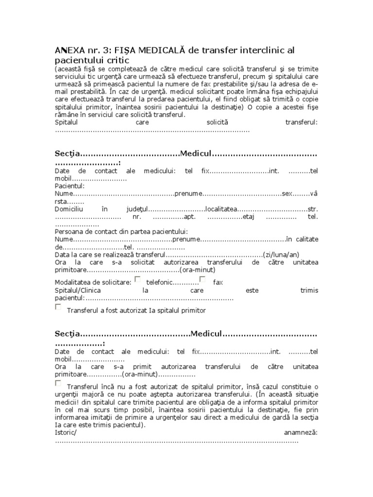 Transfer Pacient Anexa nr.3 Ordin 1091 | PDF