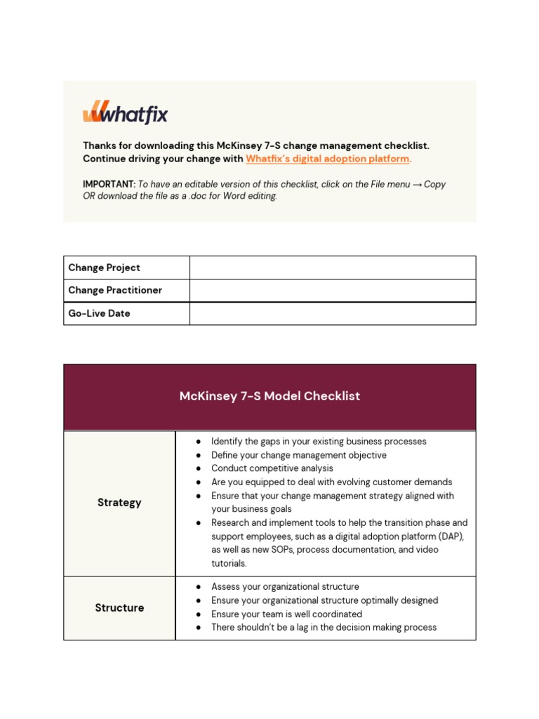 McKinsey 7-S Model Checklist | PDF | Change Management | Business Process