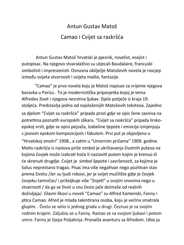 Camao i Cvijet sa raskršća- Antun Gustav Matoš- lektira | PDF