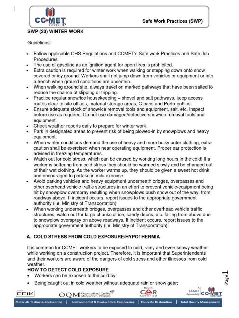SWP 30 Winter Work - Safe Work Practices by CCMET | PDF | Hypothermia