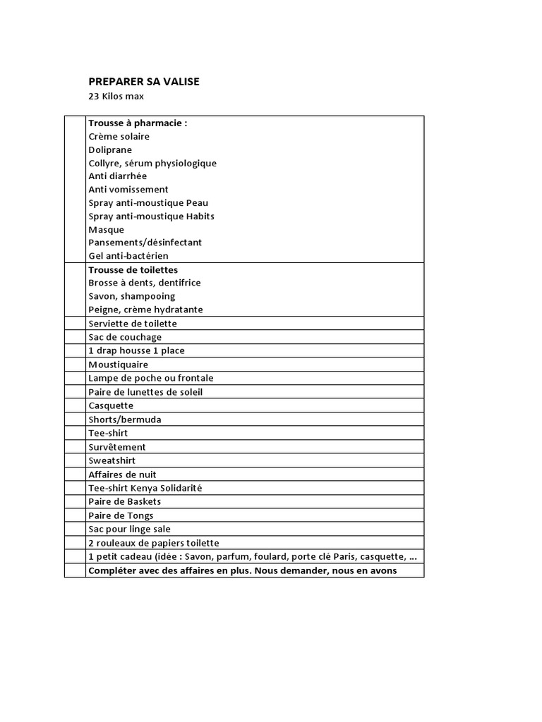 Liste de préparation pour voyage | PDF