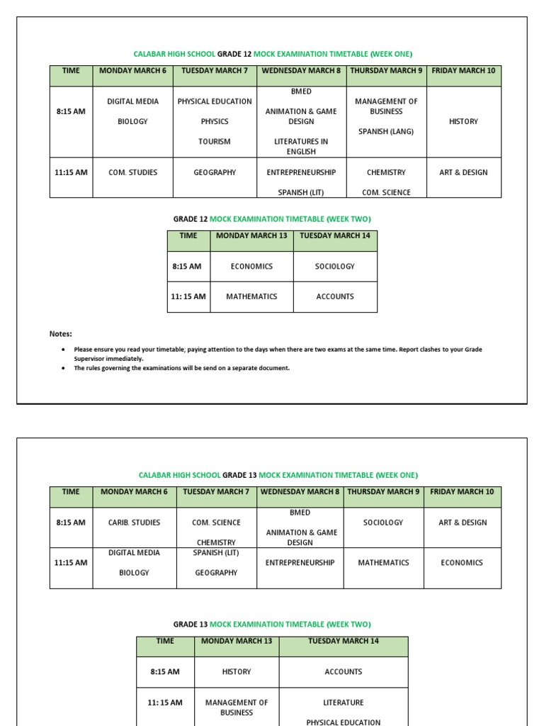 Calabar High School Exam Timetables 2025 | PDF | Science