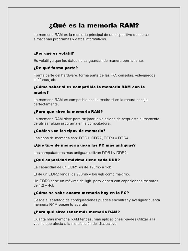 Definición y funciones de la memoria RAM | PDF | Informática