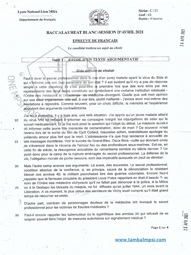 Bac Blanc n4 Francais Lycee National Leon Mba 26 04 2021 Series CD | PDF