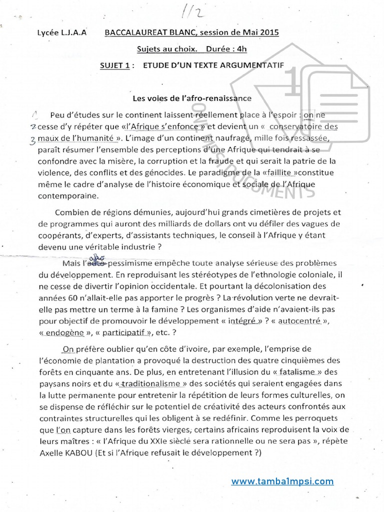 Bac Blanc n2 Francais Lycee Joseph Ambouroue Avaro AS Mai 2015 Series ...