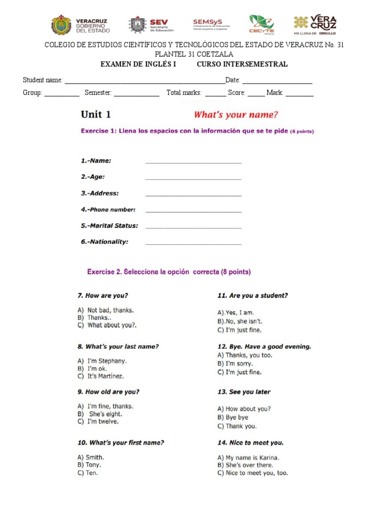 Examen Extraordinario Inglés I | PDF