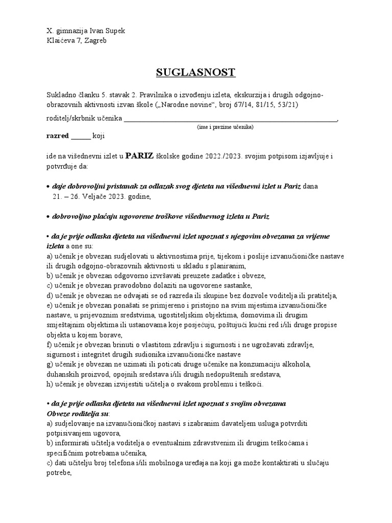 11-Suglasnost Roditelja | PDF