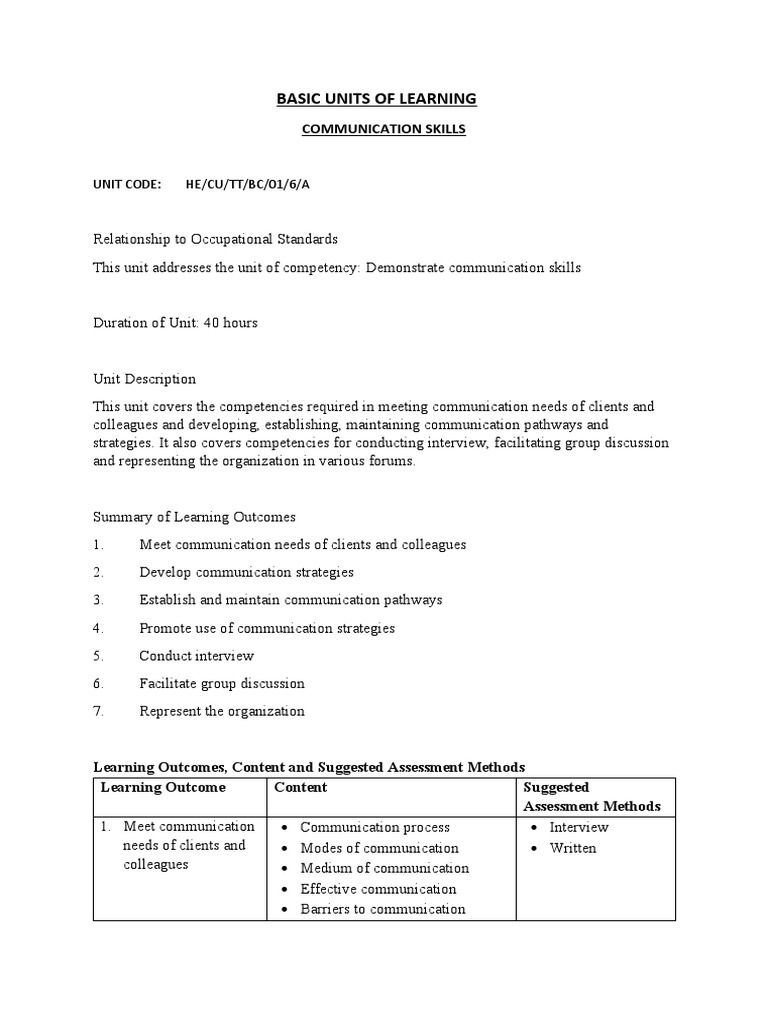 communication skills course outline | PDF | Communication | Learning