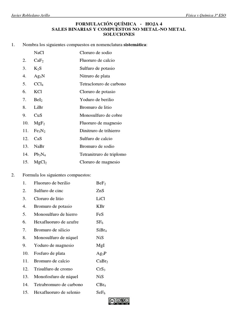Soluciones Ejercicios Sobre FORMULACION QUIMICA Sales Binarias y Compuestos No Metal | PDF