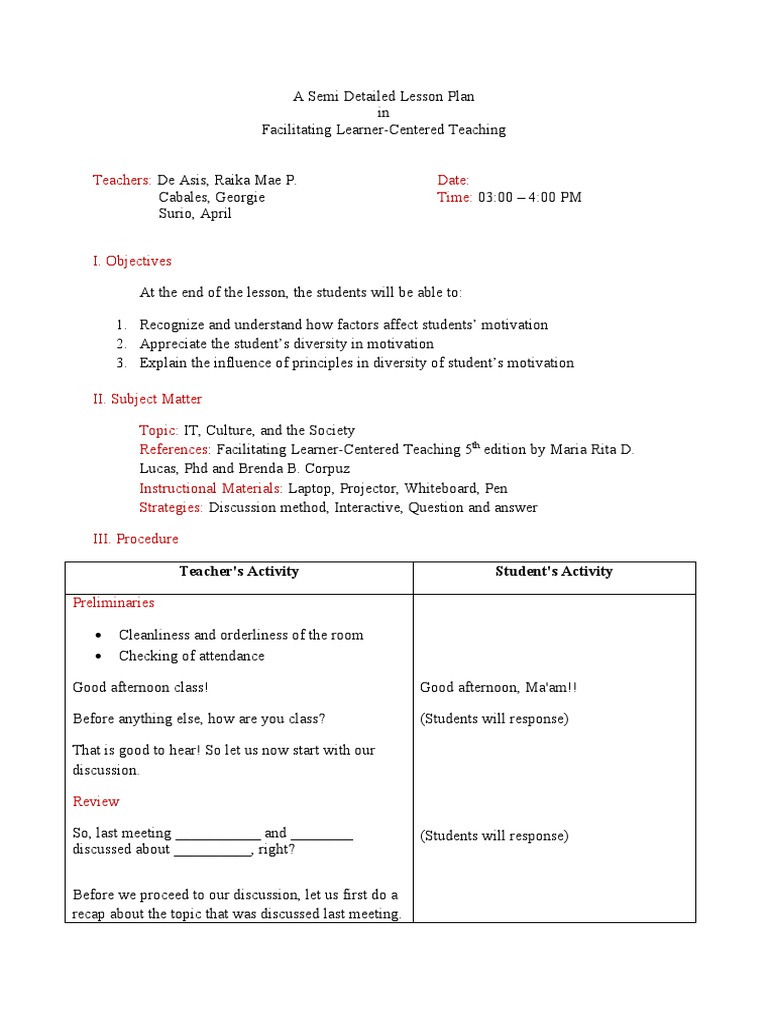Semi Detailed Lesson Plan in FLCT - XXXXXX | PDF | Motivation ...