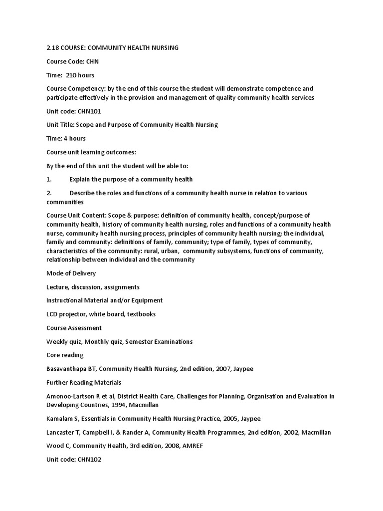 Community Health Nursing Course Outline | PDF | Occupational Safety And ...
