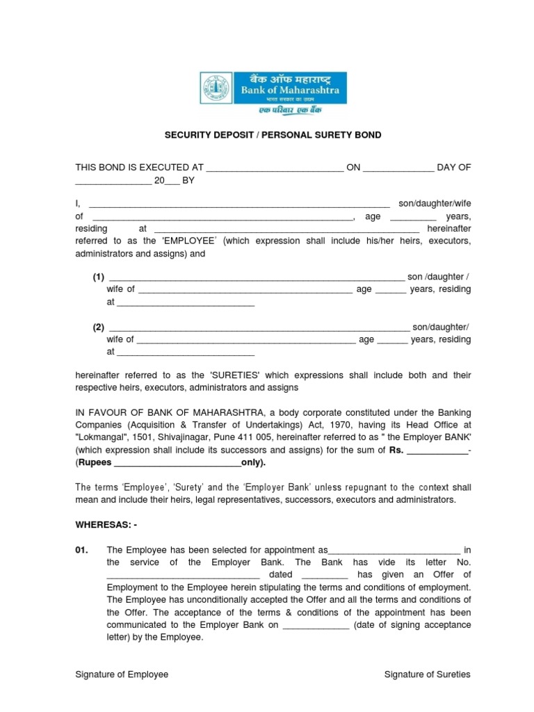 Security Deposit / Personal Surety Bond: (1) - Son /daughter | PDF ...