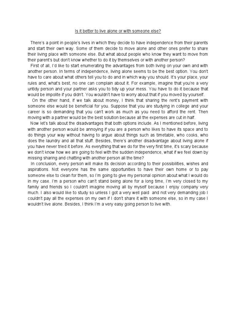 Is It Better To Live Alone or With Someone Else | PDF