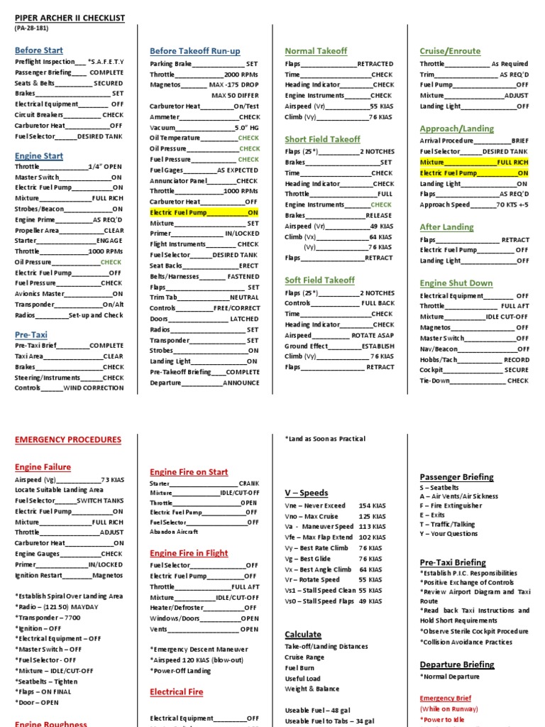 Checklist PIPER ARCHER | PDF | Takeoff | Flap (Aeronautics)