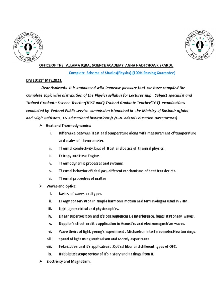 FPSC Physics Lecturer Syllabus Guide | PDF | Heat | Solid