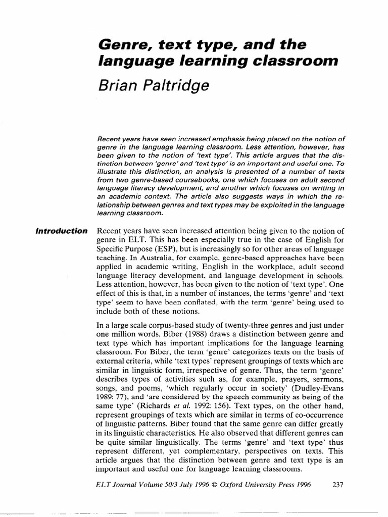 Genre Text Type and The Language Learnin | PDF | Genre | Cognition
