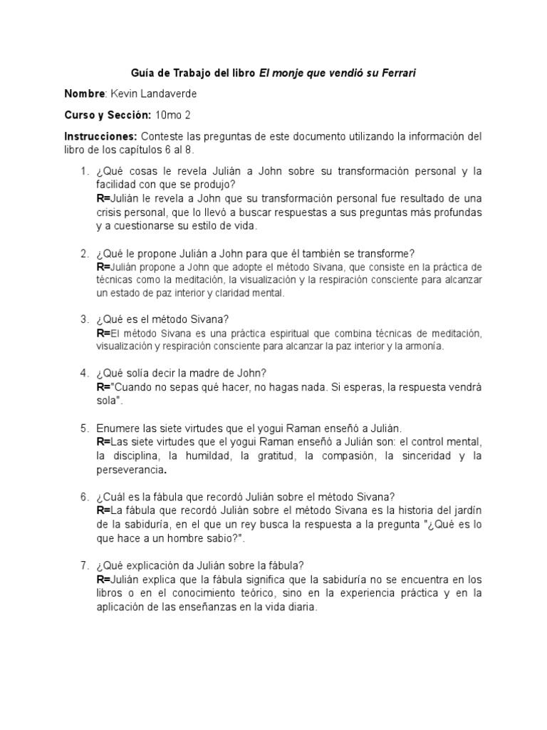 Guía de Trabajo Del Libro El Monje Que Vendió Su Ferrari | PDF ...