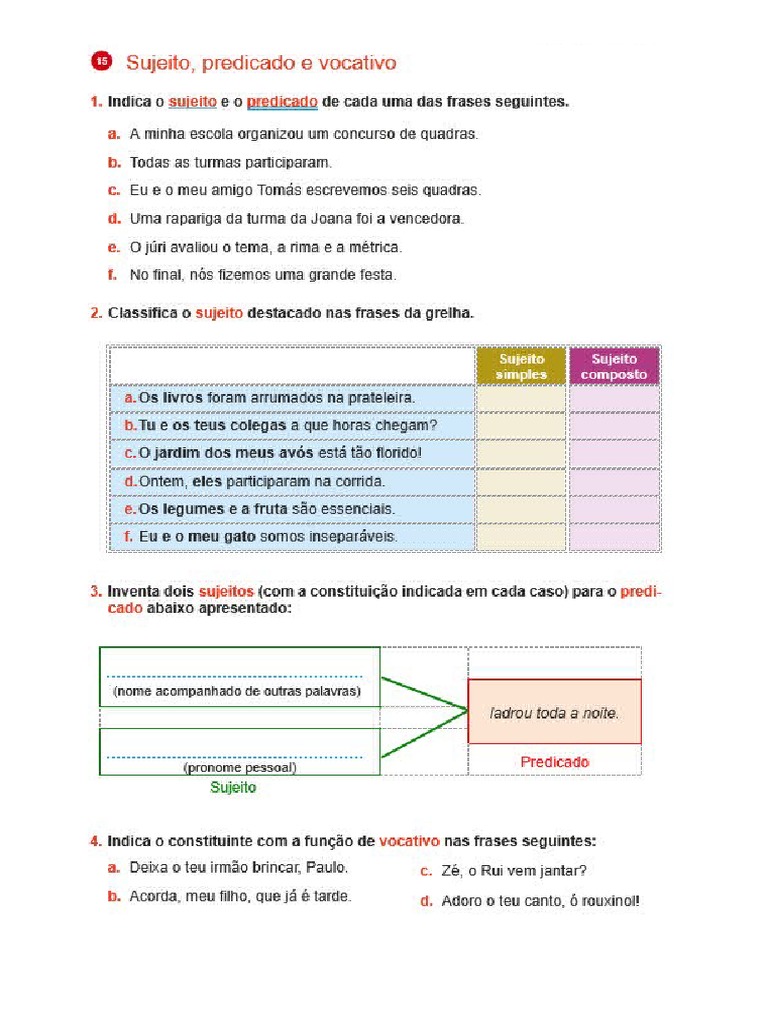 Ficha de Gramática - Sujeito, Predicado, Vocativo | PDF